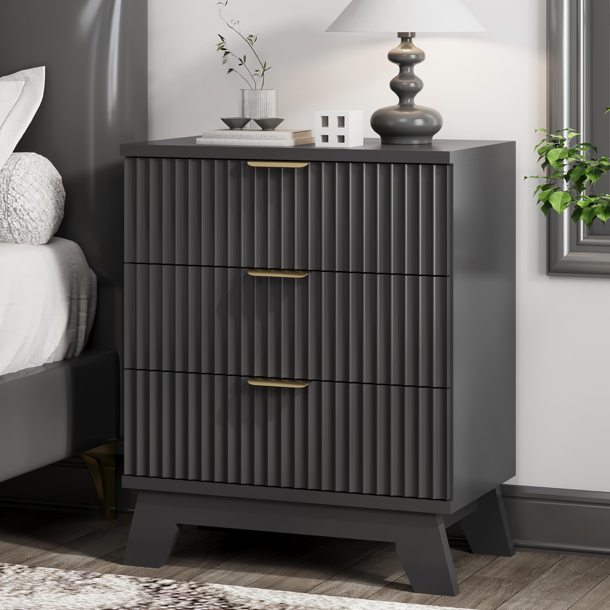 Amazon.com: conifferism Fluted Black Nightstand 3 Drawers, Bedroom 26 ...