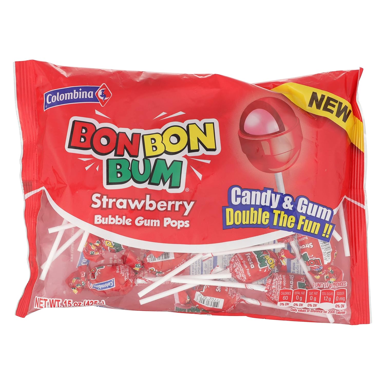 Amazon.com : Colombina Bon Bon Bum Bubble Gum Lollipops Strawberry ...