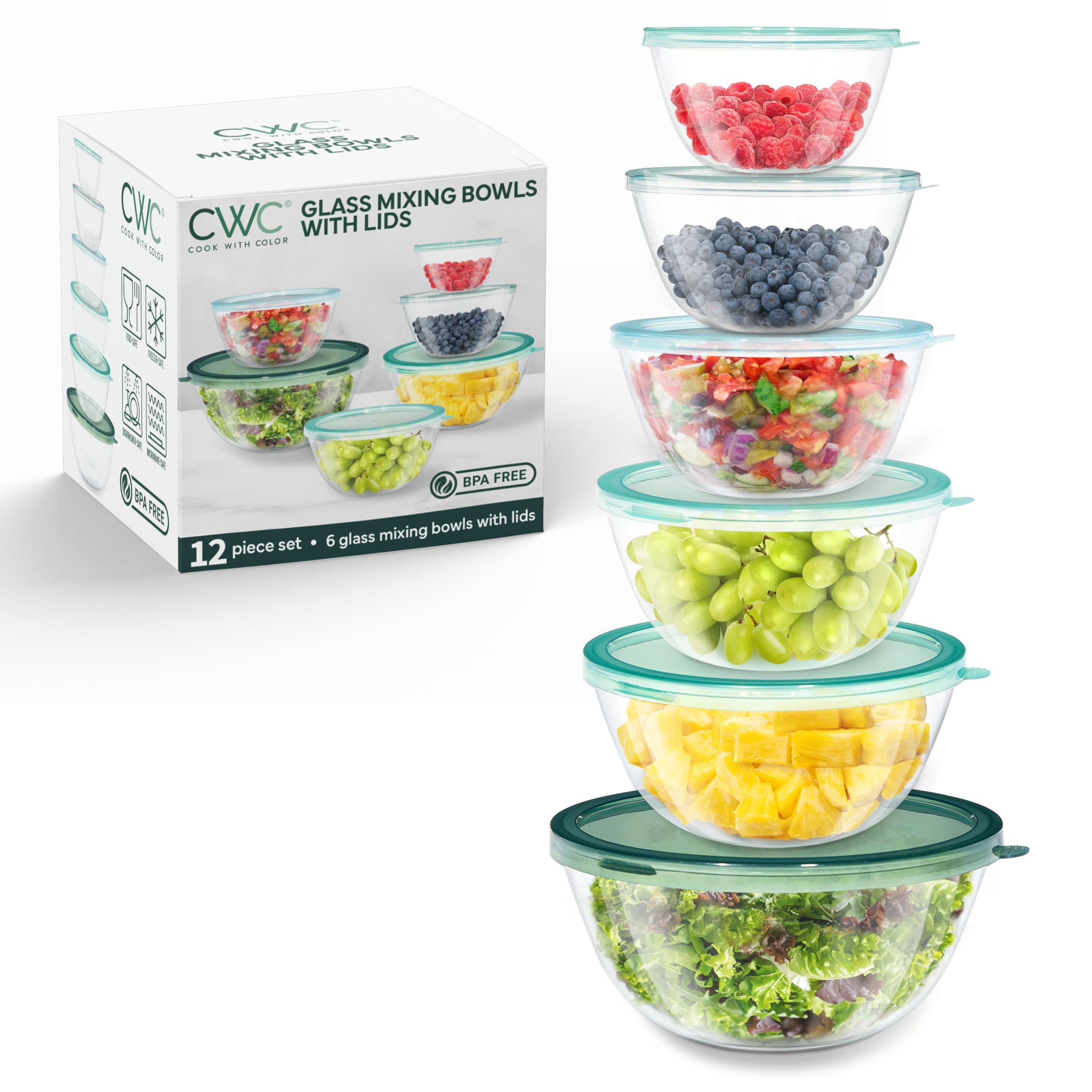 Amazon.com: COOK WITH COLOR 12 Pc Glass Mixing Bowl Set with Lids ...