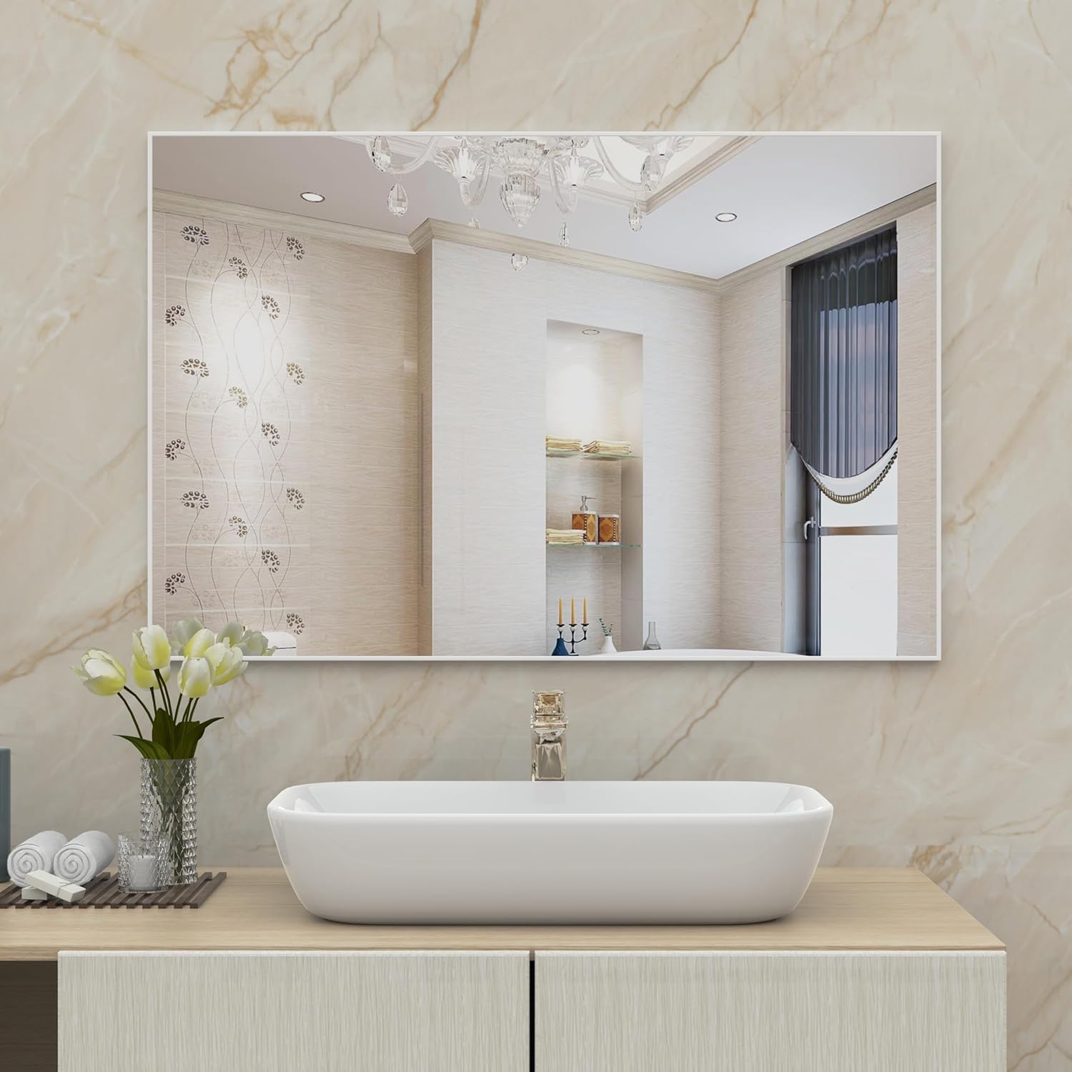 WONSTART Large Modern Wall Mirror for Bathroom, 36" x 24" White ...