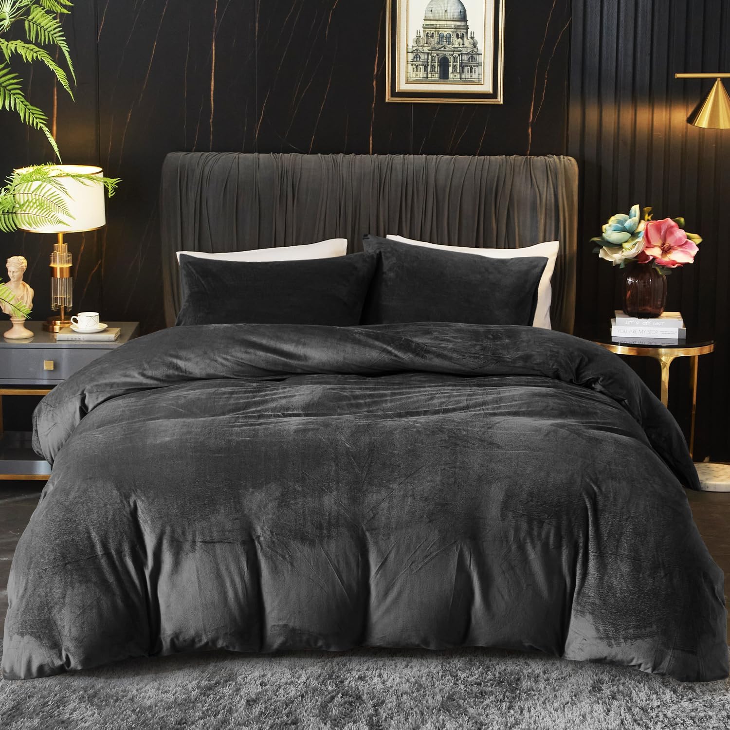 Amazon.com: Ivellow Velvet Duvet Cover Queen Set - Charcoal Gray 3Pcs ...