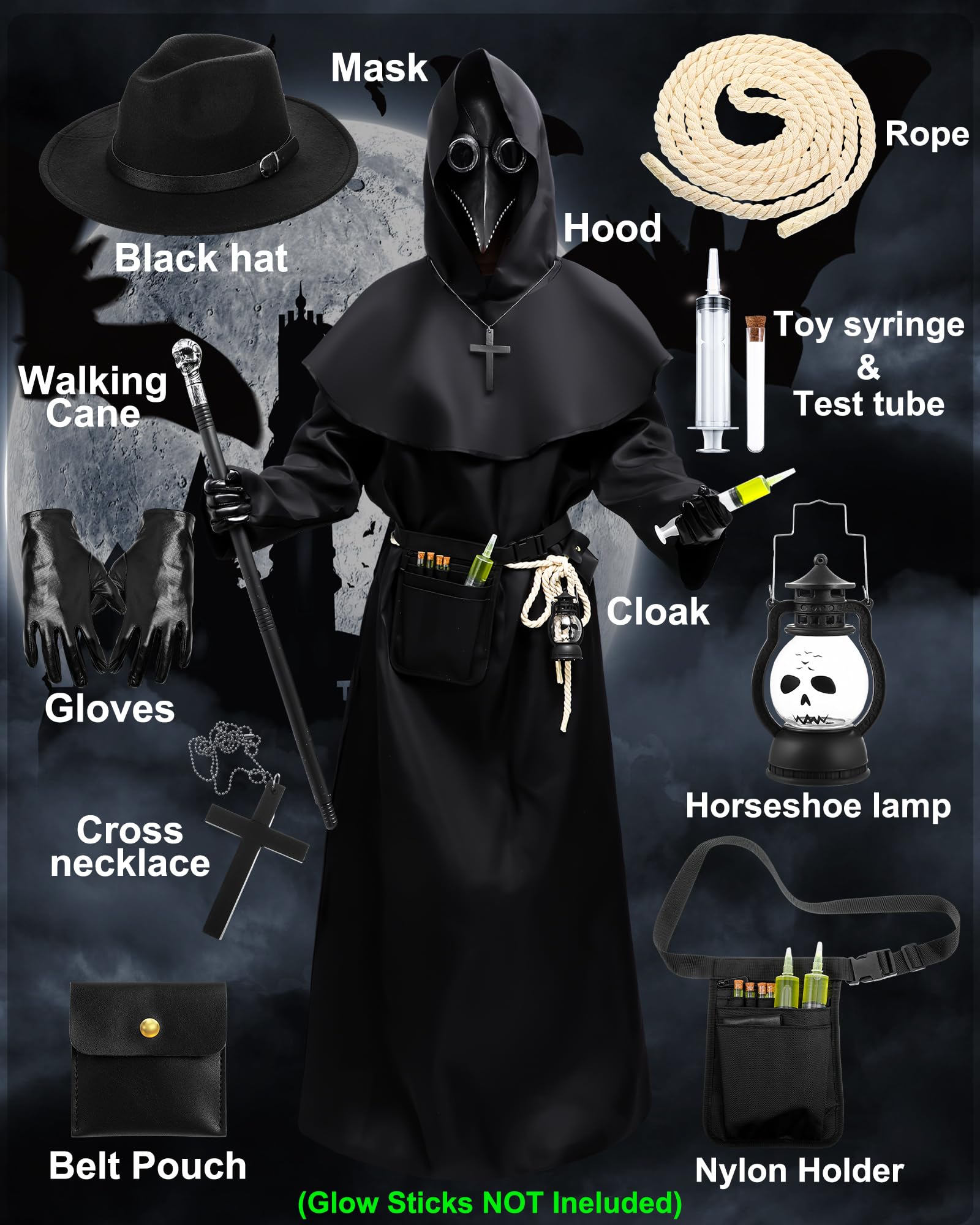 Xtinmee 14 Pcs Plague Doctor Mask Costumes Set Halloween Costume ...