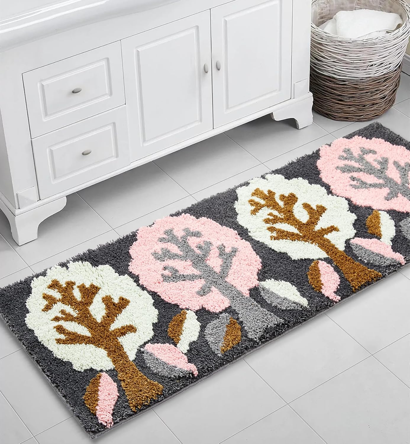 Amazon.com: Cute Botanical Tree Bathroom Runner Rugs in Dark Grey, Non ...