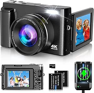 Oiadek DC101AF-4K Matte Black 48MP 4K UHD Digital Camera with 16X Digital Zoom, Auto Focus and ...