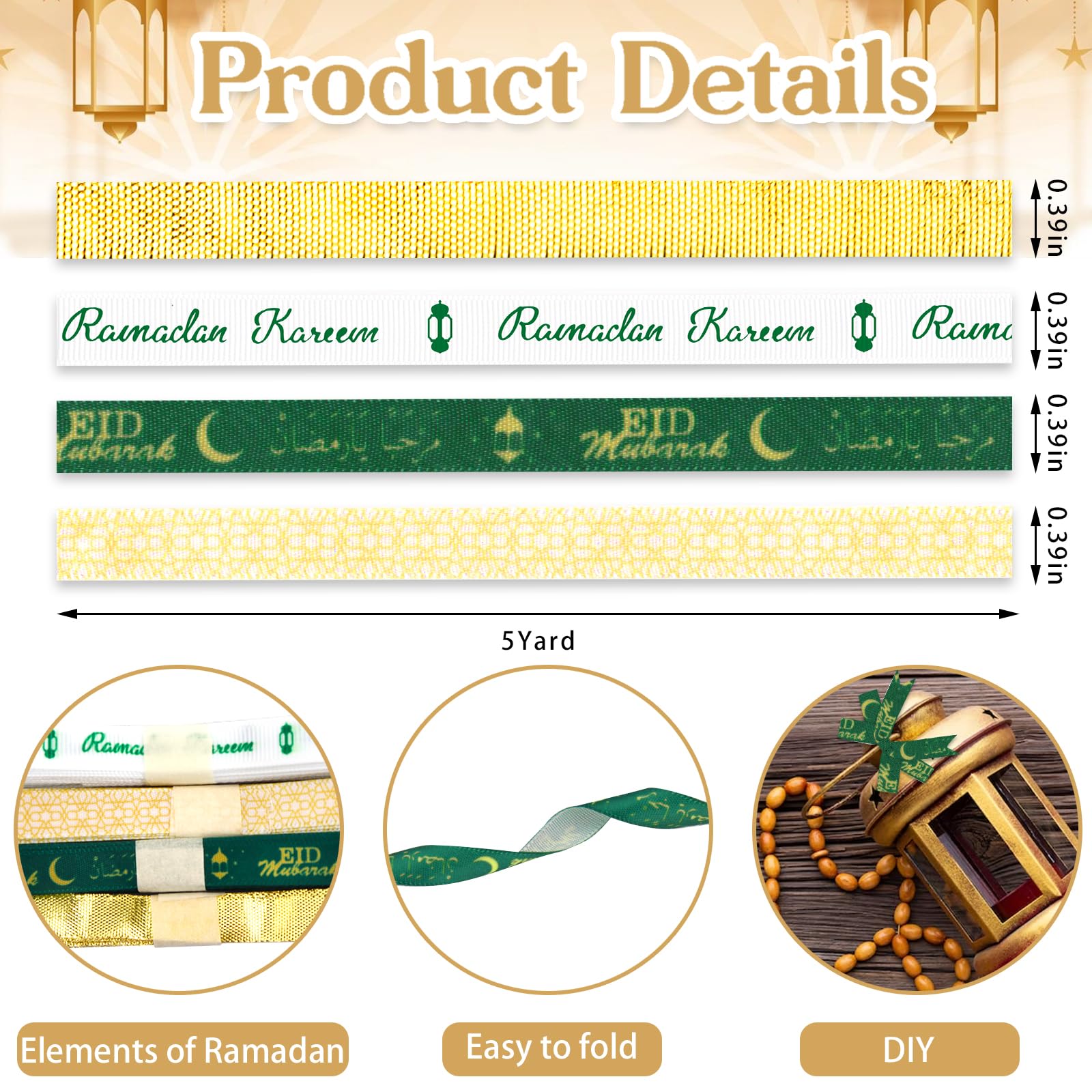 Snapklik.com : 4 Rolls 20 Yards Ramadan Ribbons, 3/8" Green White ...