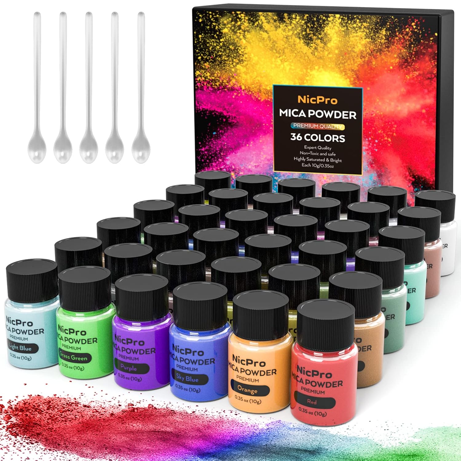 Nicpro Mica Powder, 36 Colours x 10 g Pearlescent Epoxy Resin Pigment ...