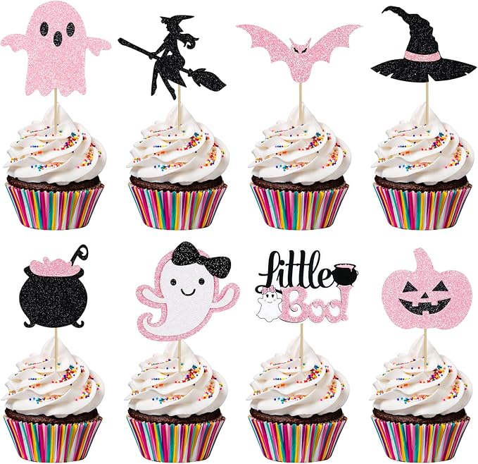 Amazon.com: 32Pcs Pink Black Halloween Cupcake Toppers Pink Ghost ...