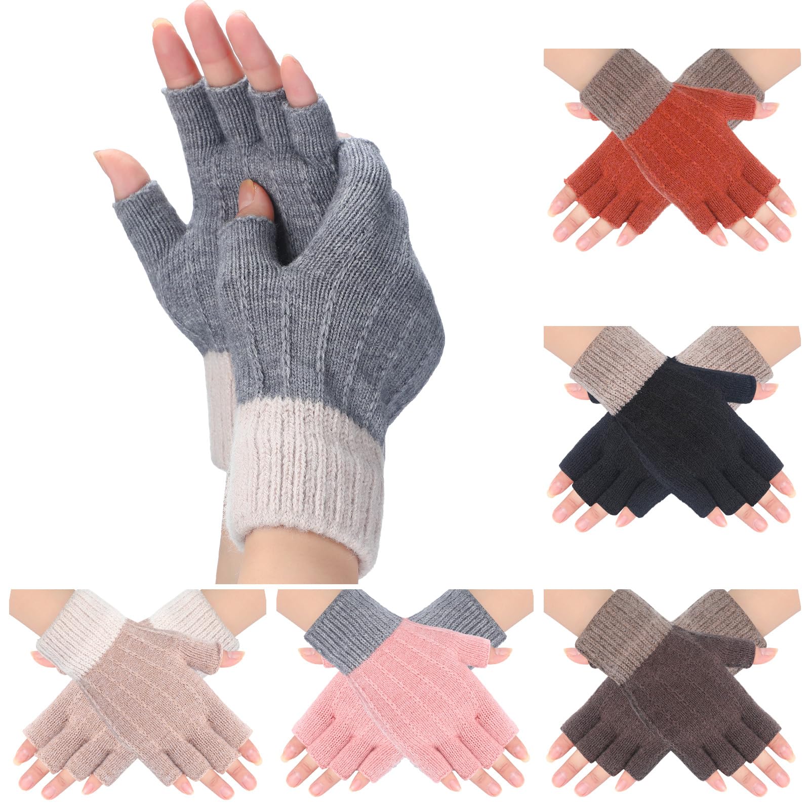 Coume 6 Pairs Winter Fingerless Gloves for Women Men Knitted Half ...