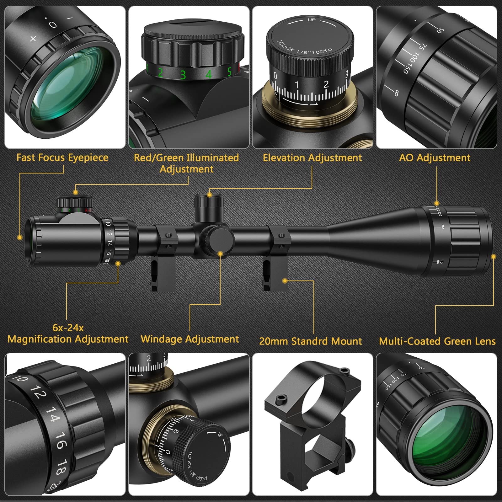 Snapklik.com : CVLIFE Scope 6-24x50 AOE Red And Green Illuminated Gun ...