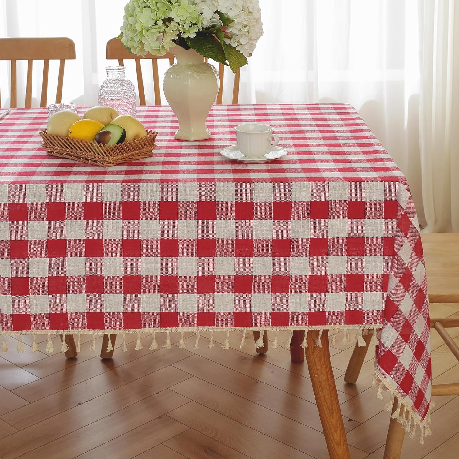 Amazon.com: Red Checkered Tablecloth Square Cotton Linen Fabric Gingham ...