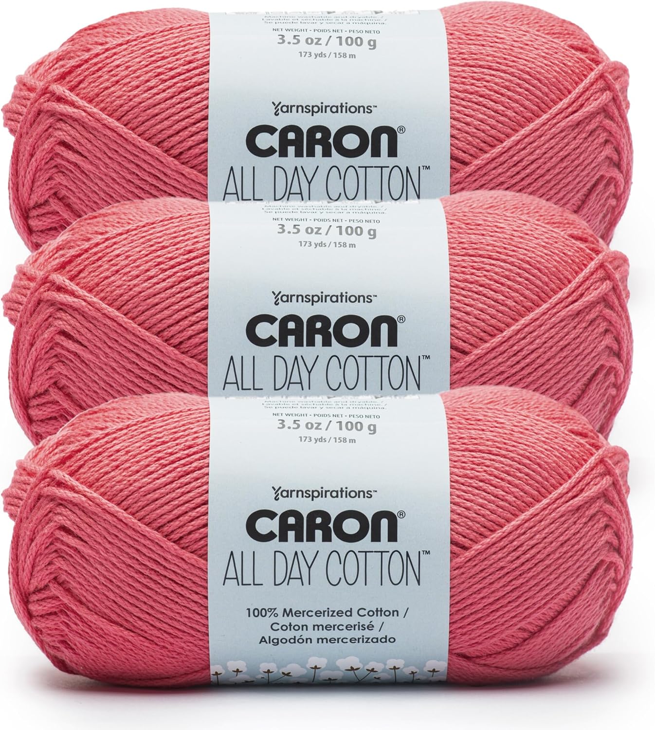 Caron All Day Cotton - 3 pack of 173 Yards/3.52 oz Watermelon 100% ...