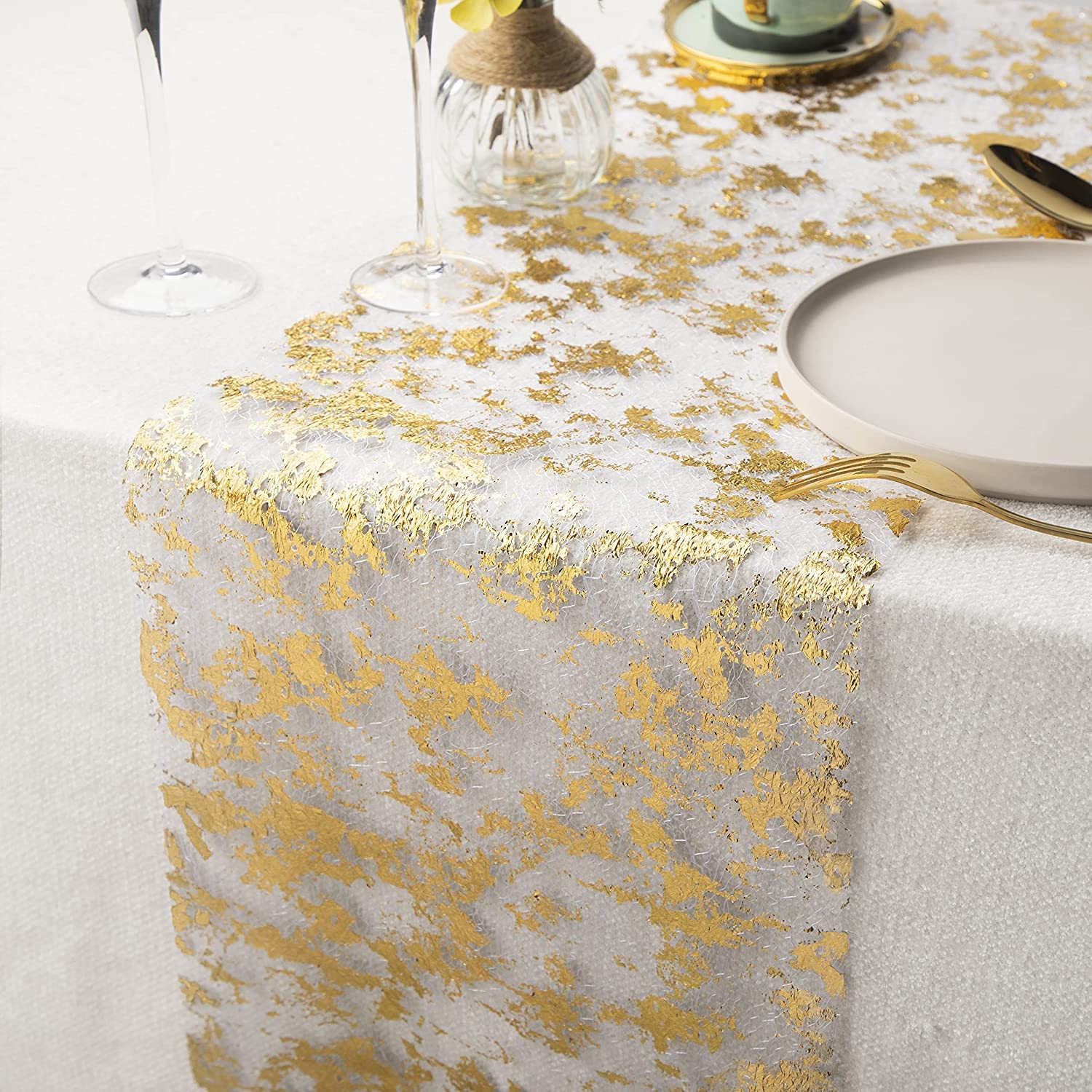 WELTRXE Table Runner, 28cm x 5M Sparkling Polyester Tulle Ribbon Roll ...