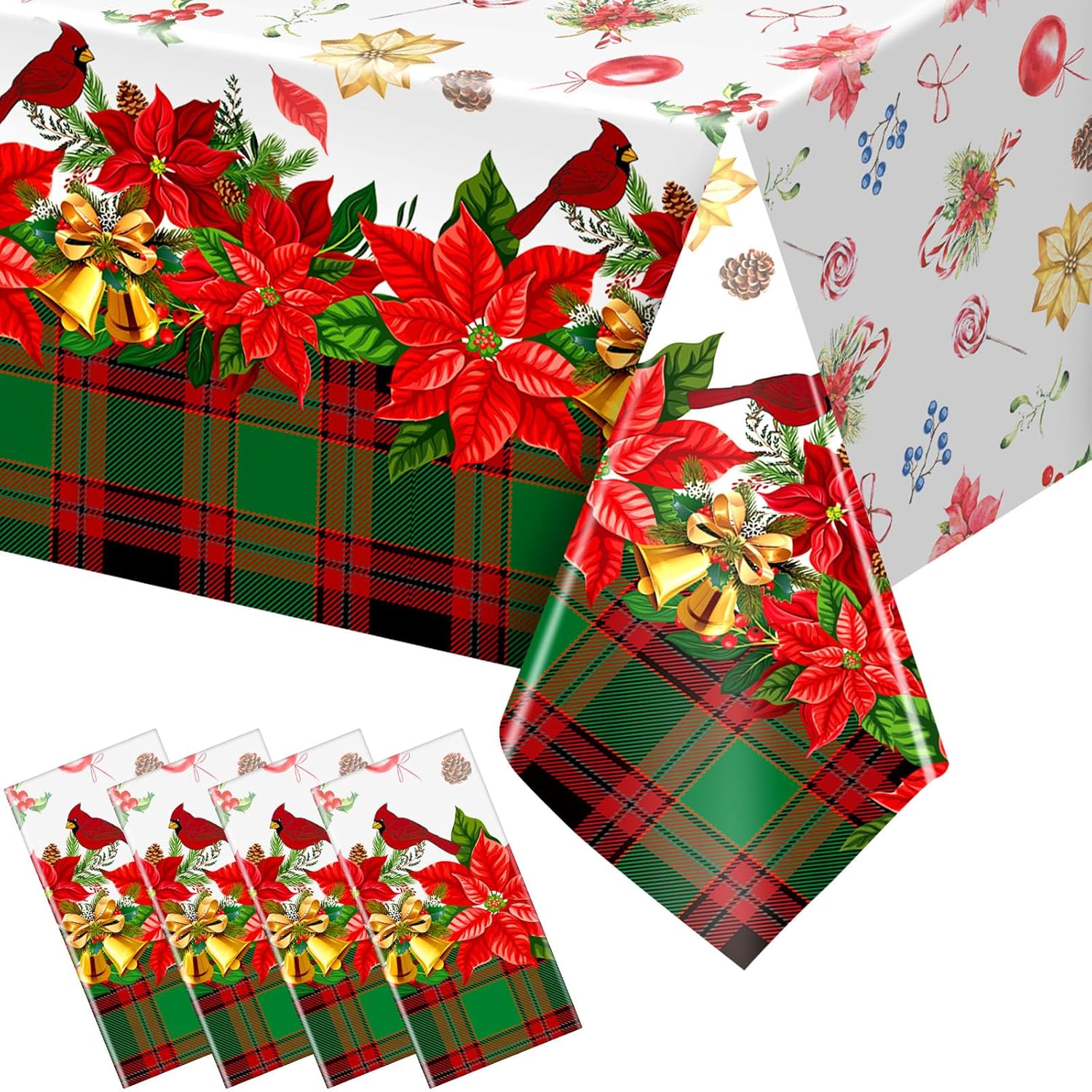 Amazon.com: Peryiter 4 Pcs Christmas Poinsettia Plaid Tablecloth 54 x ...