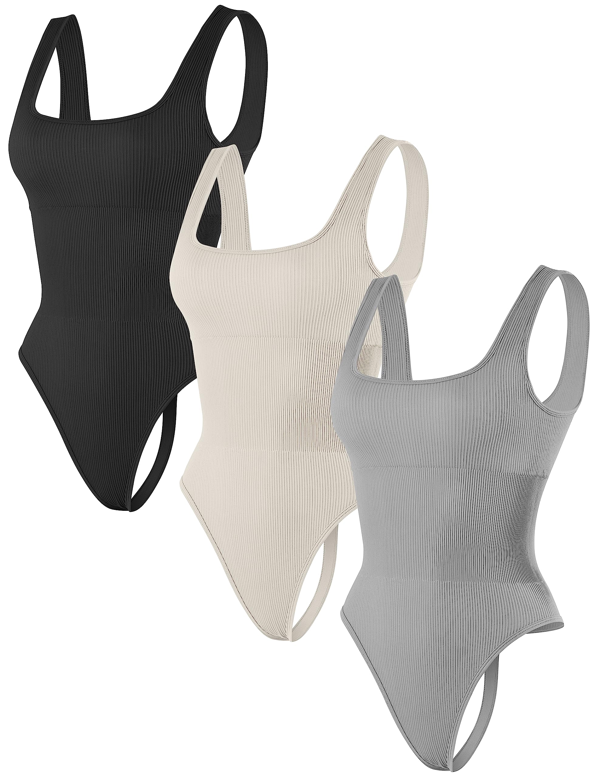 HEGALY Thong Bodysuits for Women 3 Piece Sexy Ribbed Seamless Tummy ...