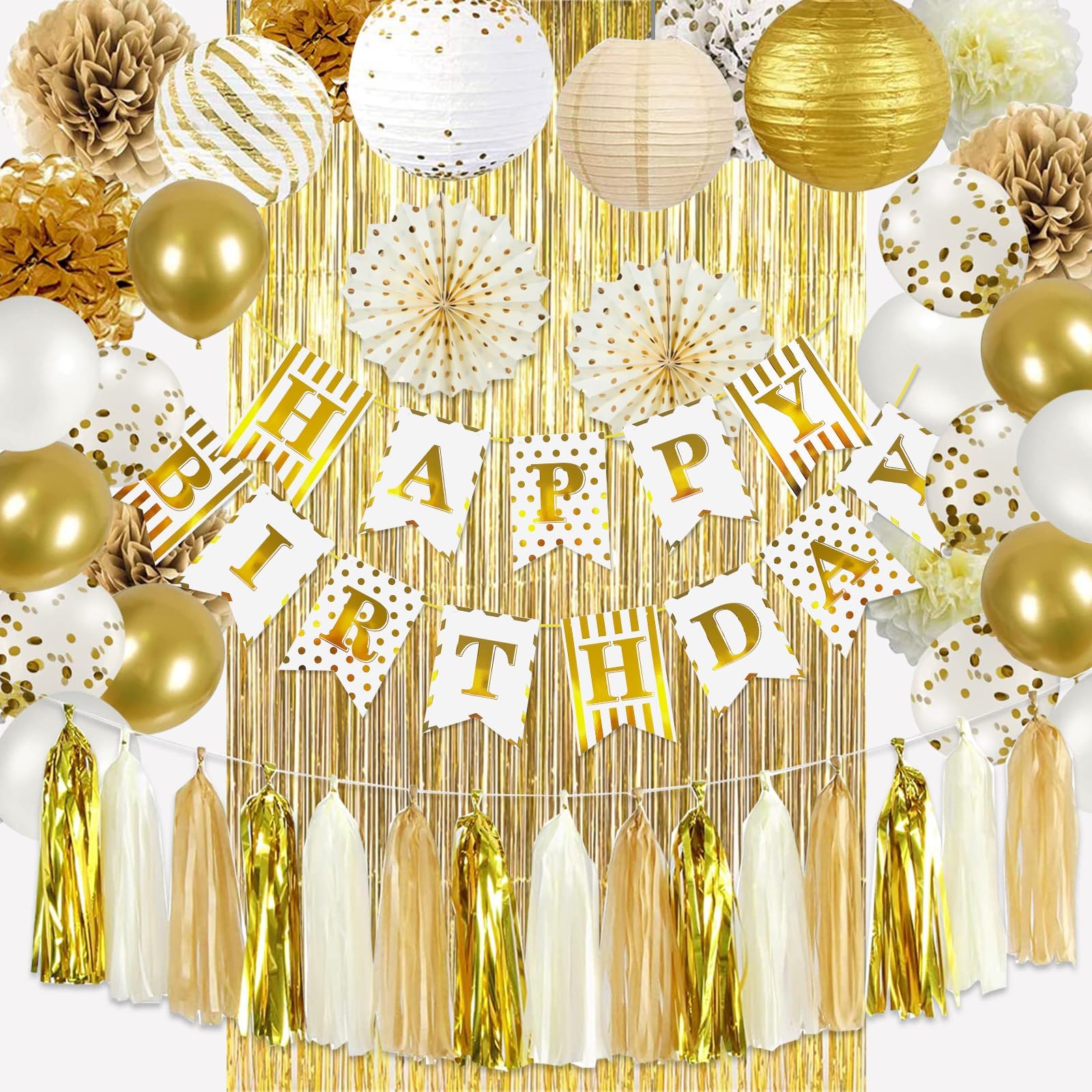Amazon.com: White and Gold Birthday Party Decorations Kit Happy ...