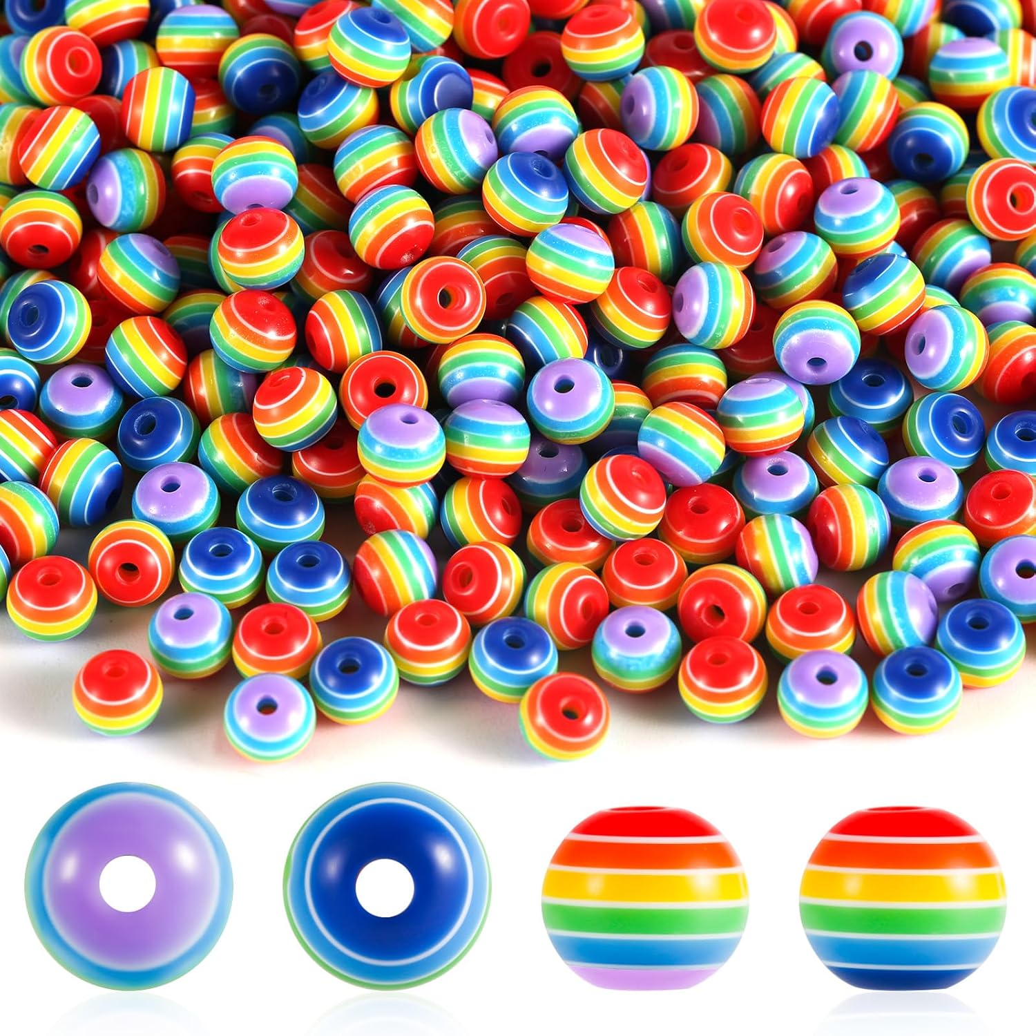 500pcs 8mm Gay Pride LGBTQ Beads, Resin Rainbow Striped Beads Colorful ...