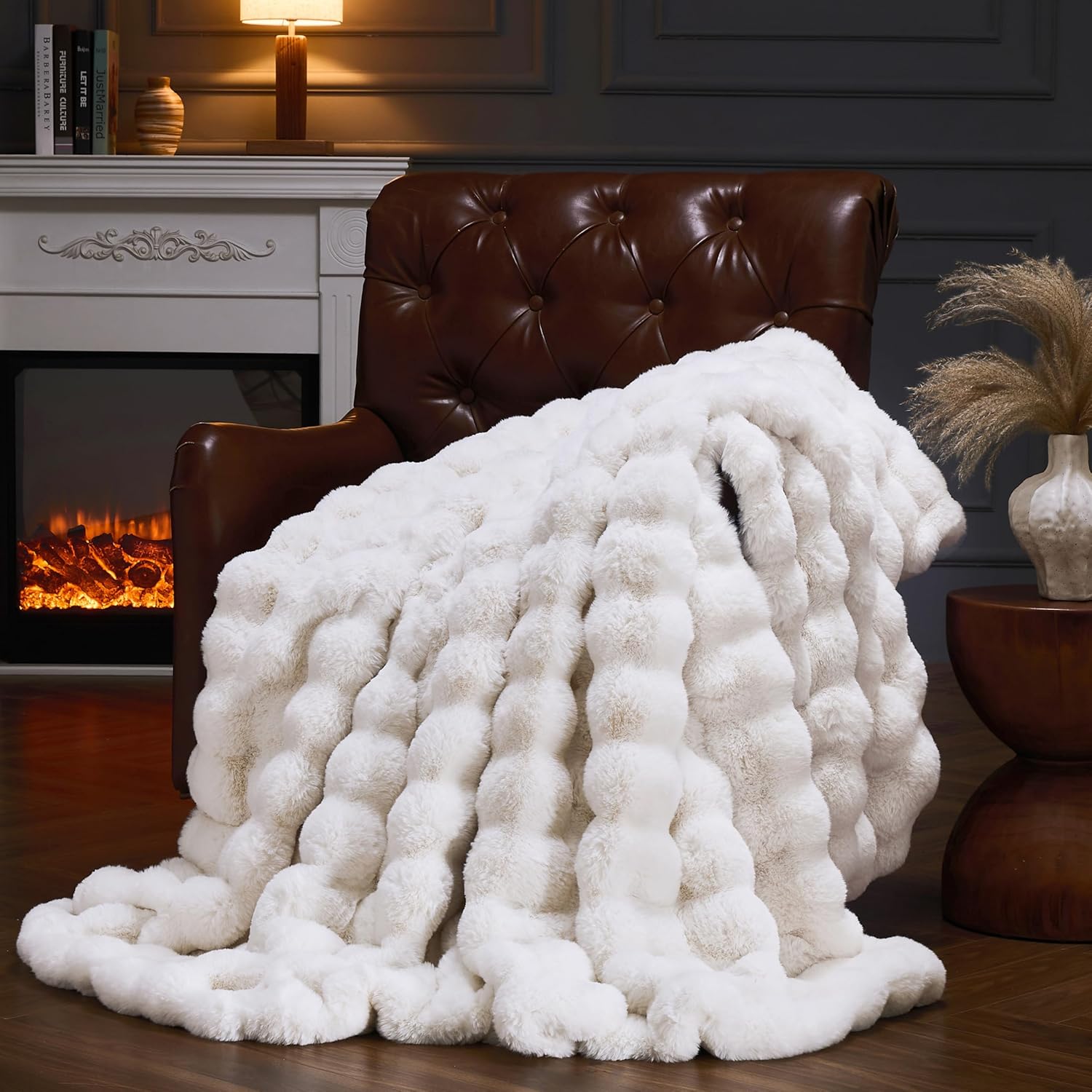 YBIKE Faux Rabbit Fur Throw Blanket, Fuzzy Soft Plush Bubble Blanket ...