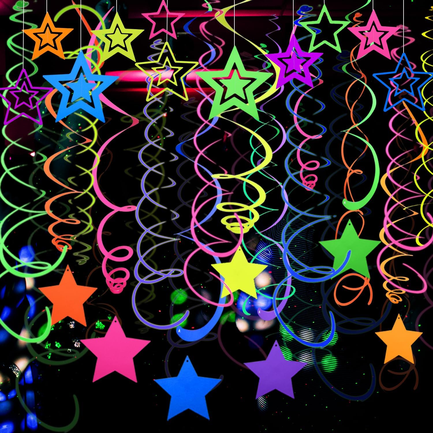 Amazon.com: 52 PCS UV Neon Rainbow Ceiling Swirl Decoration Hanging ...