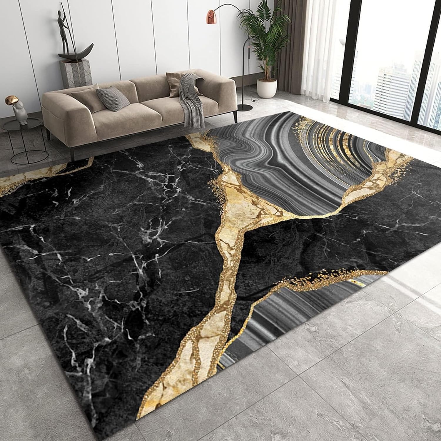 Amazon.com: Black Gold Marble Area Rug, Gray Gold Line Art Black and ...