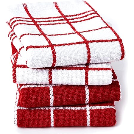 Encasa Cotton Mono Check Red Terry Tea Towels Pack of 4 - Quick Drying ...