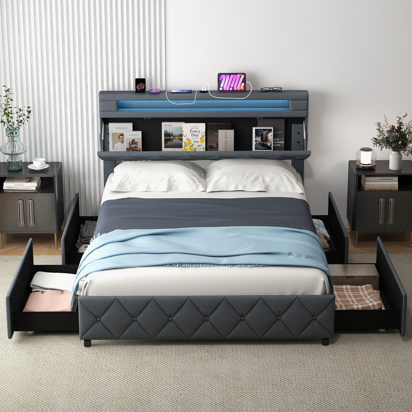 Amazon.com: Giantex Full Size Bed Frame with Storage Headboard and 4 ...