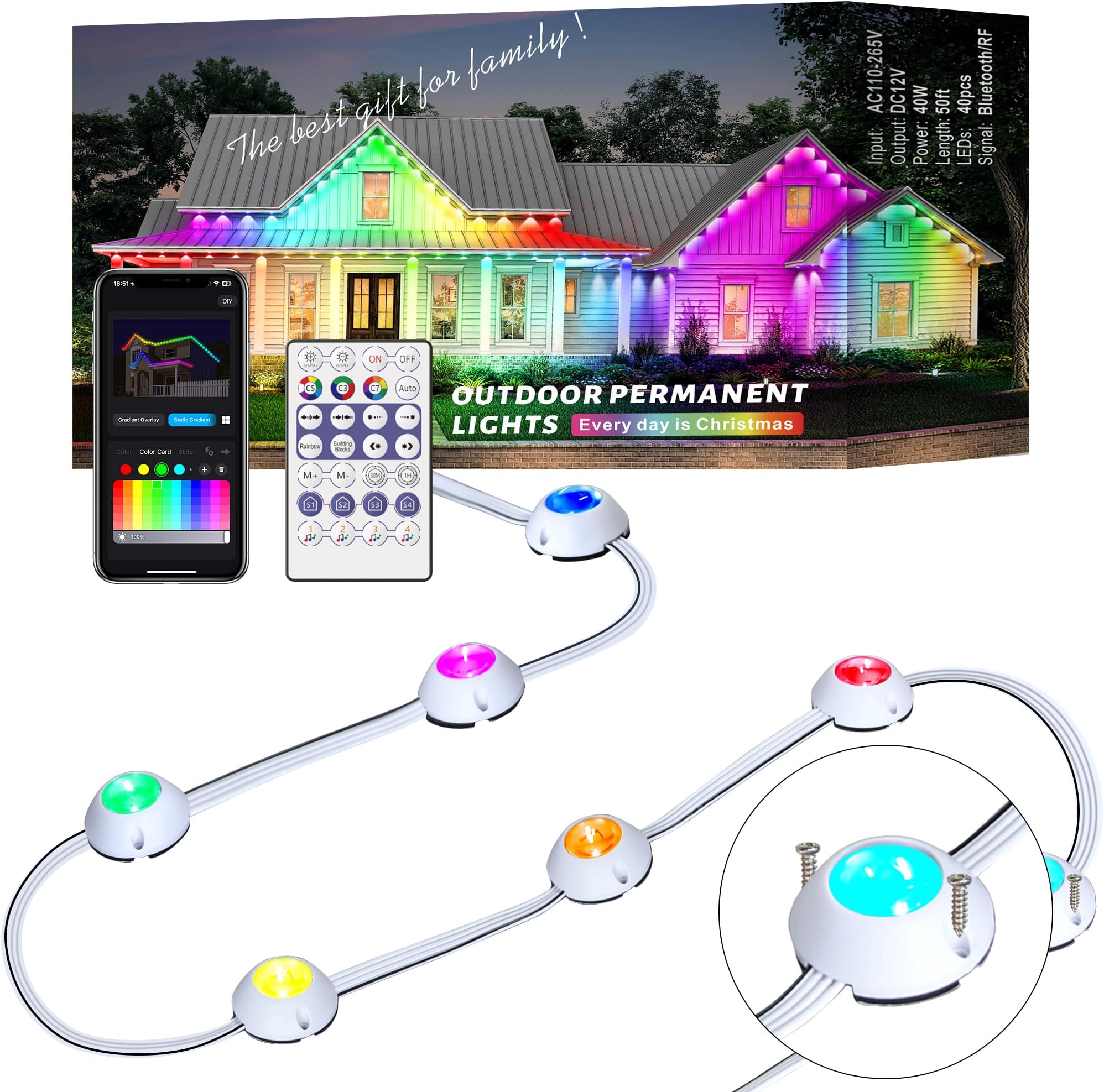 Xyuee Permanent Outdoor Lights Party, 40FT Smart RGB IC Outdoor Eave ...