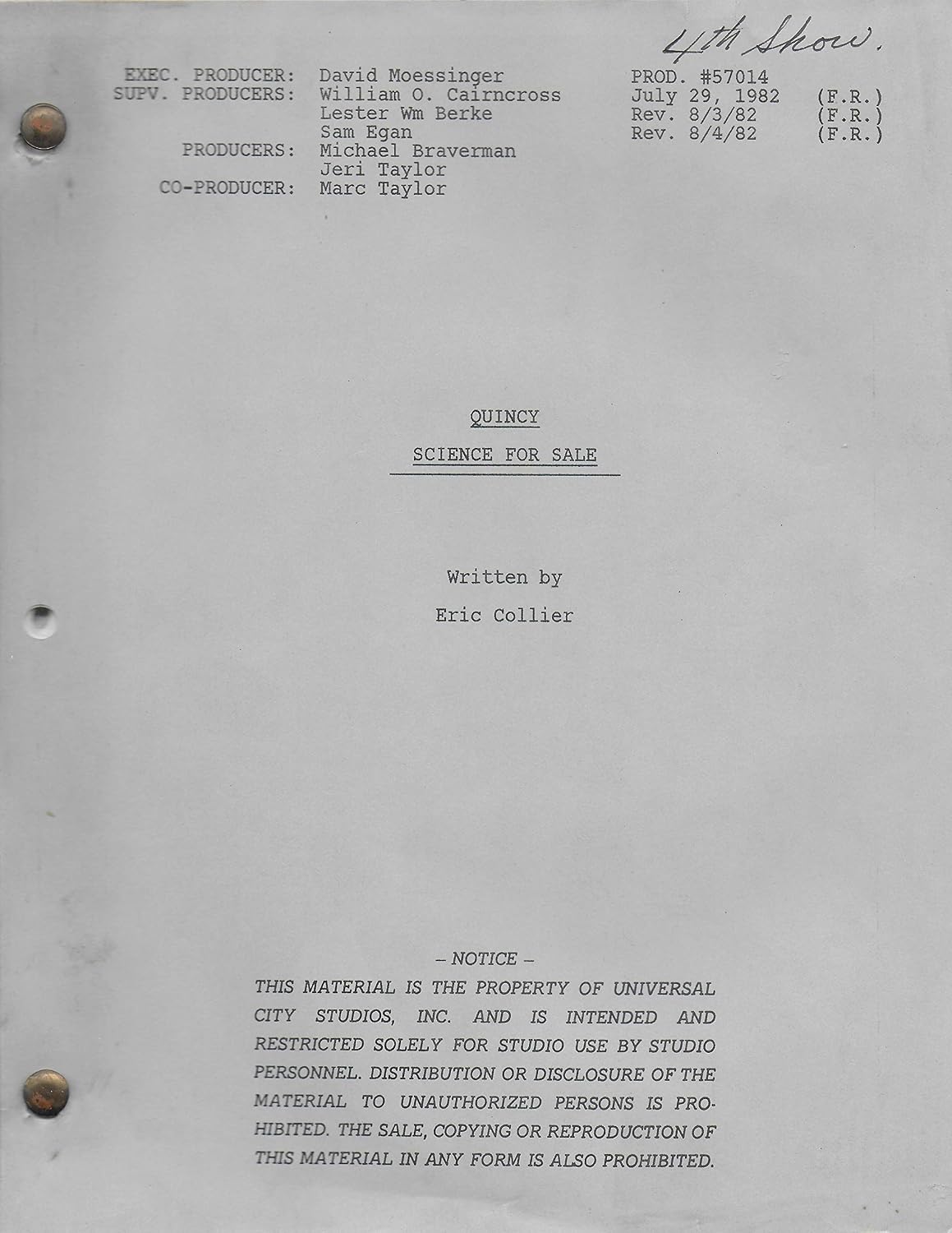 Quincy"Science For Sale" Original Script at Amazon's Entertainment ...