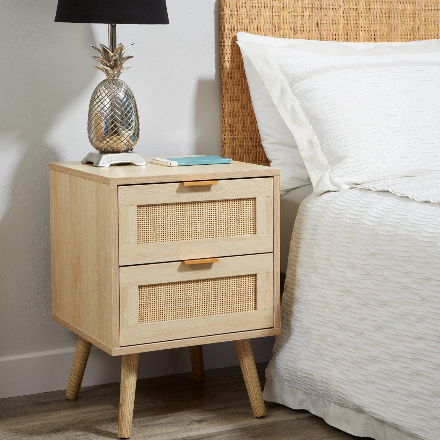 House & Homestyle Rattan Bedside Table 2 Drawer Wooden Bedroom Cabinet ...
