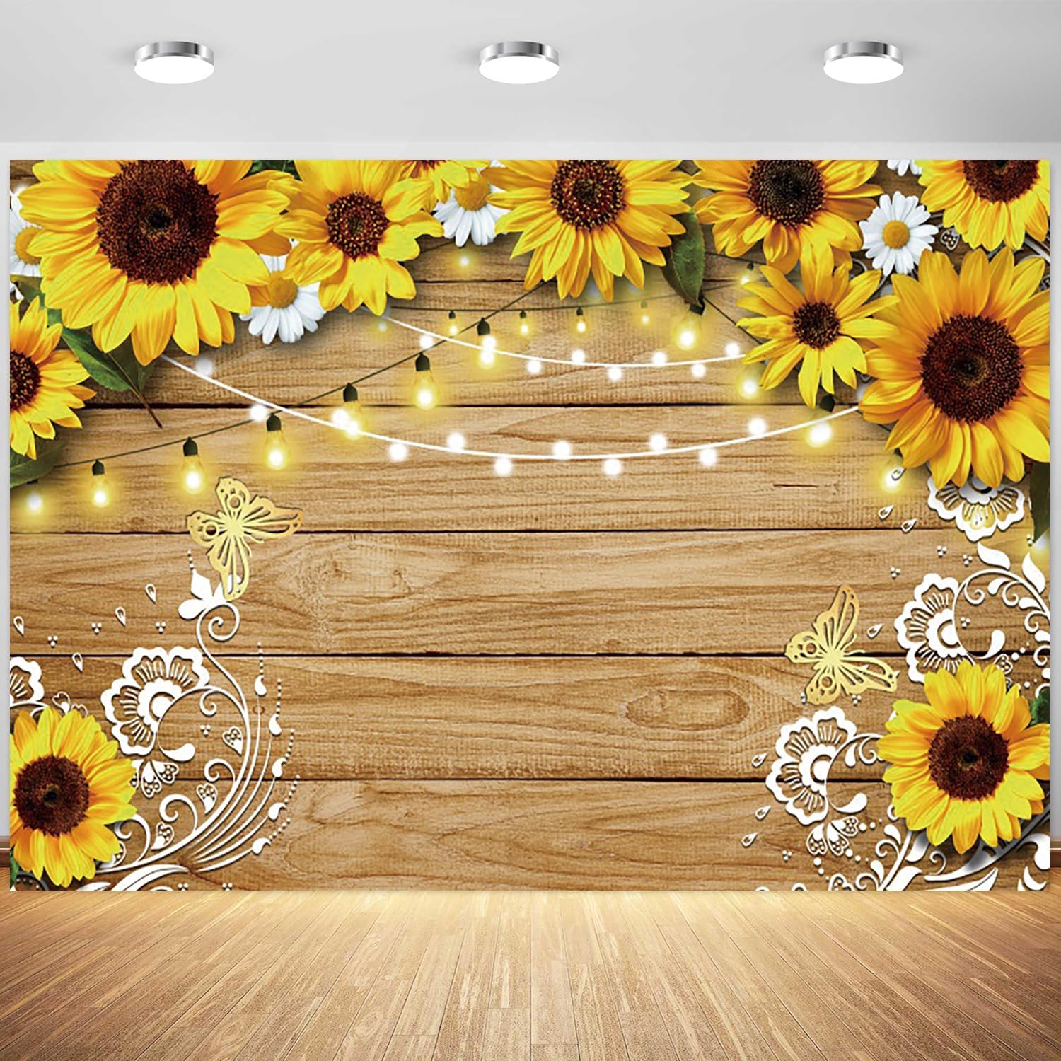 Amazon.com : 7x5ft Sunflower Backdrop Rustic Wood Gold Butterfly Sunflowers Photography ...