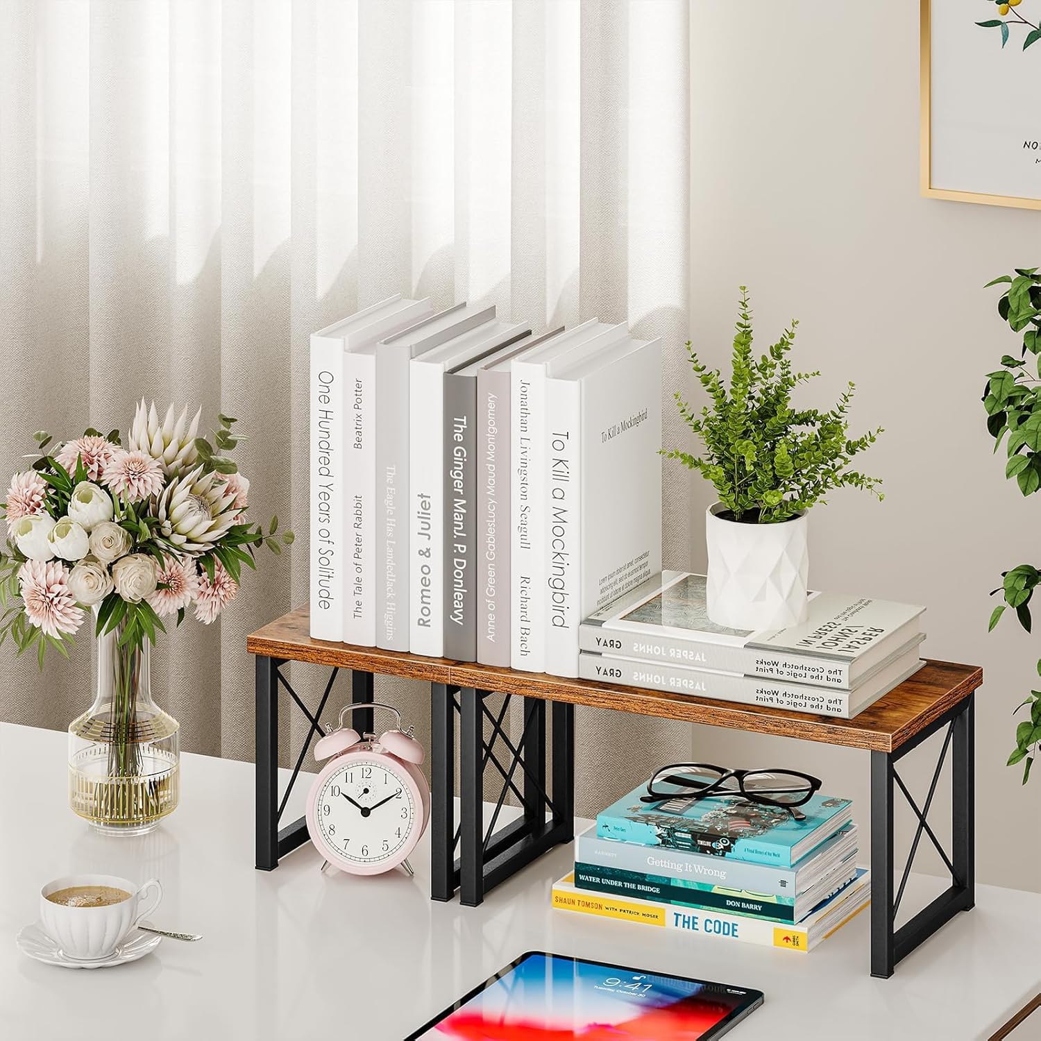 Desk Shelf Organizer, Freestanding Small Desktop Bookshelf, 2 Tier ...