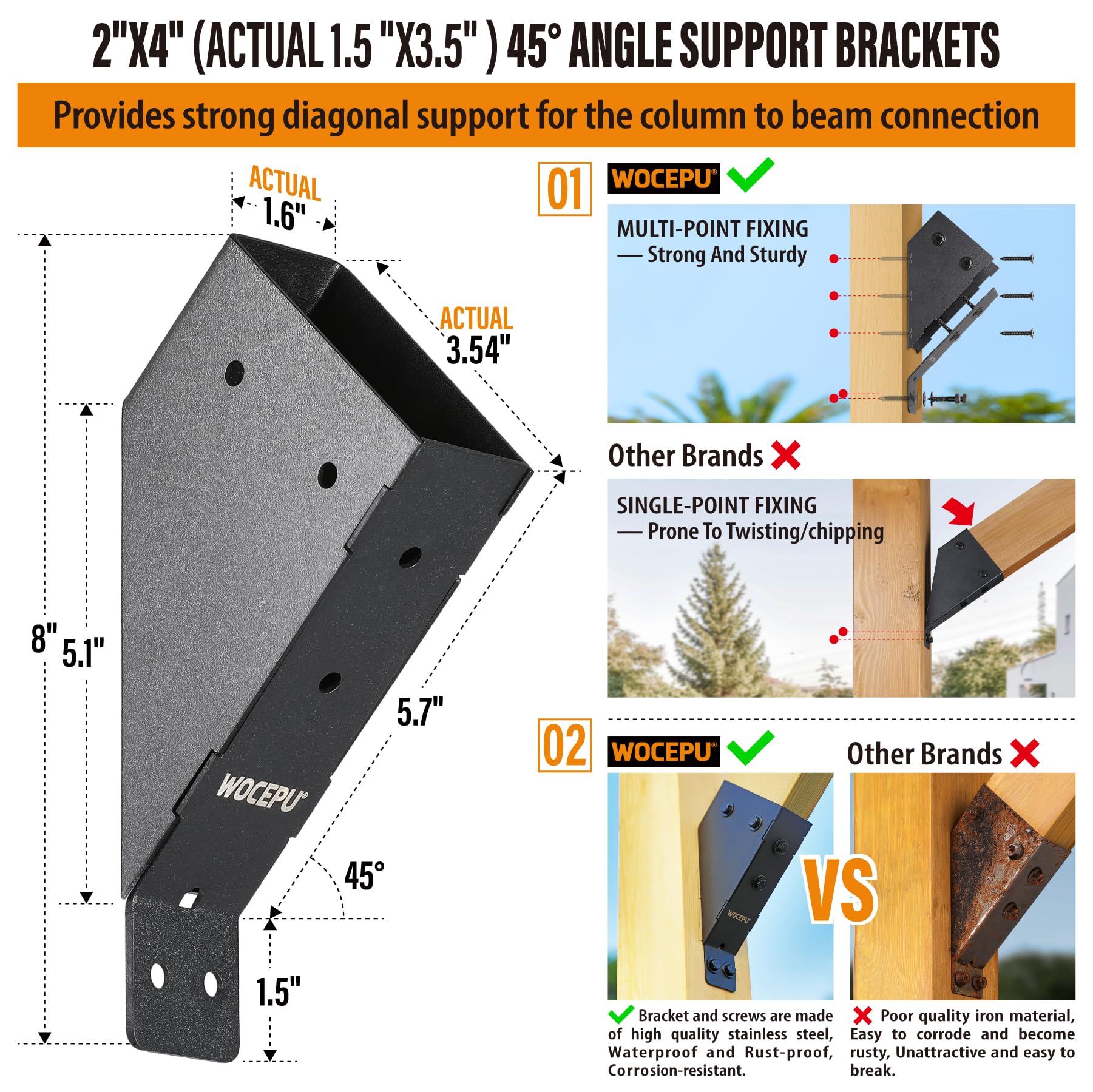 Snapklik.com : Wocepu 8pack 45 Degree Angle Support Bracket, For 2x4