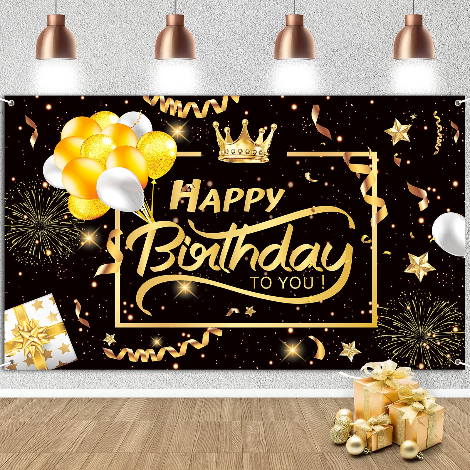 Buy Happy Birthday Backdrop Banner,NIKUMO Large Black Gold Star ...