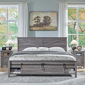 Amazon.com: ACCOHOHO Farmhouse King Size Bed Frame with with 47" Headboard,Sliding Barn Door ...