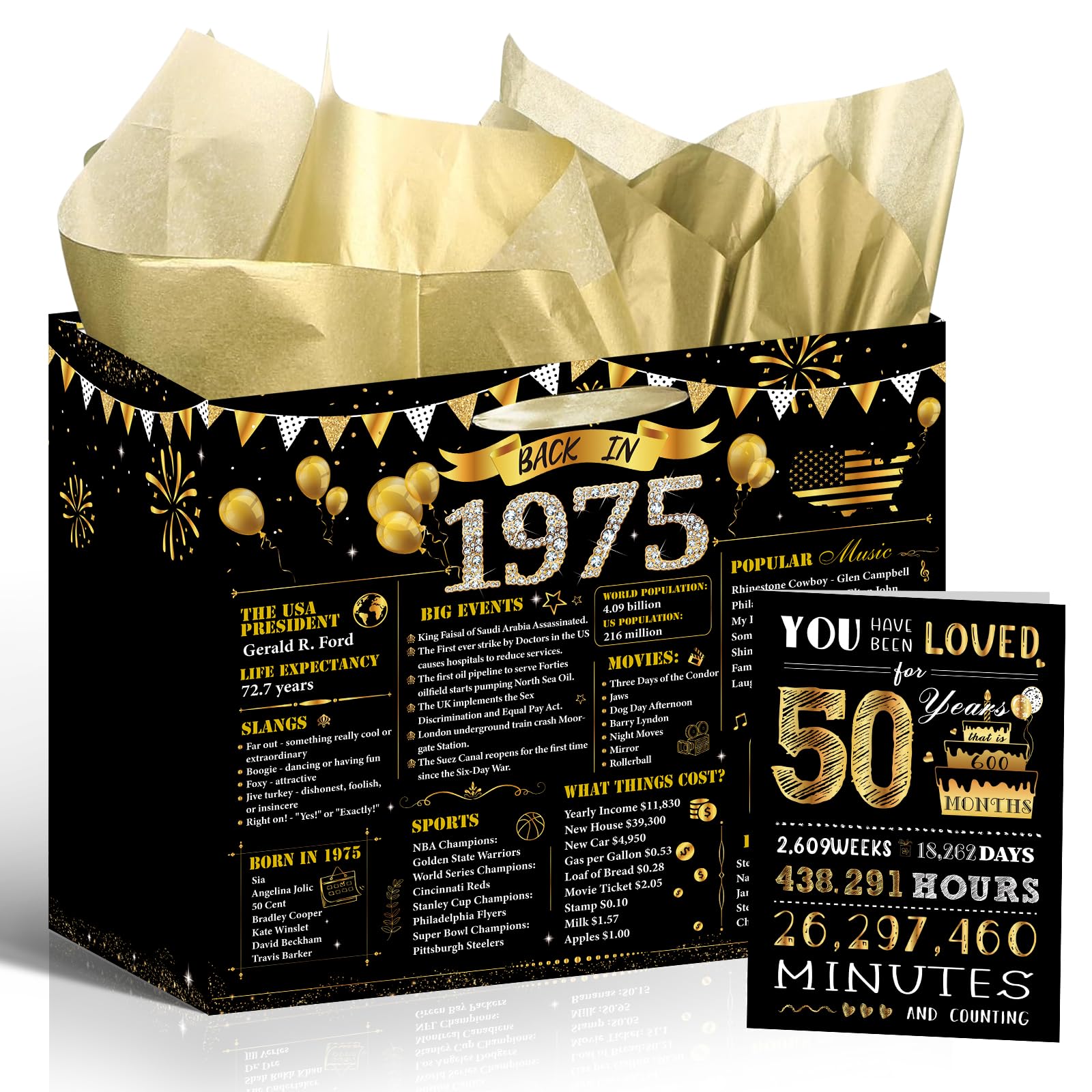 Amazon.com: Black Gold 50th Birthday Gift Bag - Wixben Vintage Back in ...