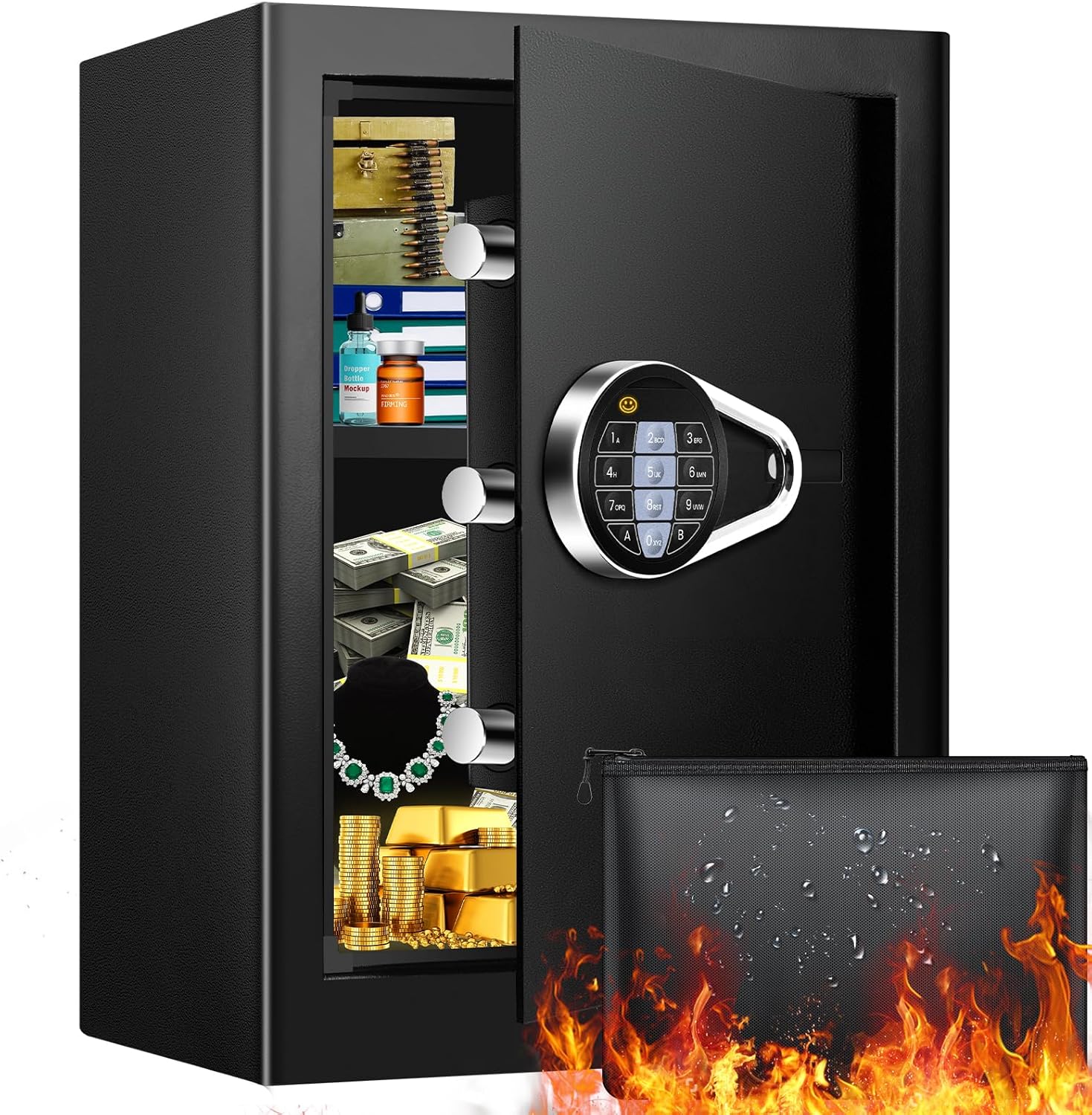 GHJGAGE 2.5 Cubic LARGE HOME SAFE Fireproof Waterproof, Digital Numeric Keypad and Keys ...