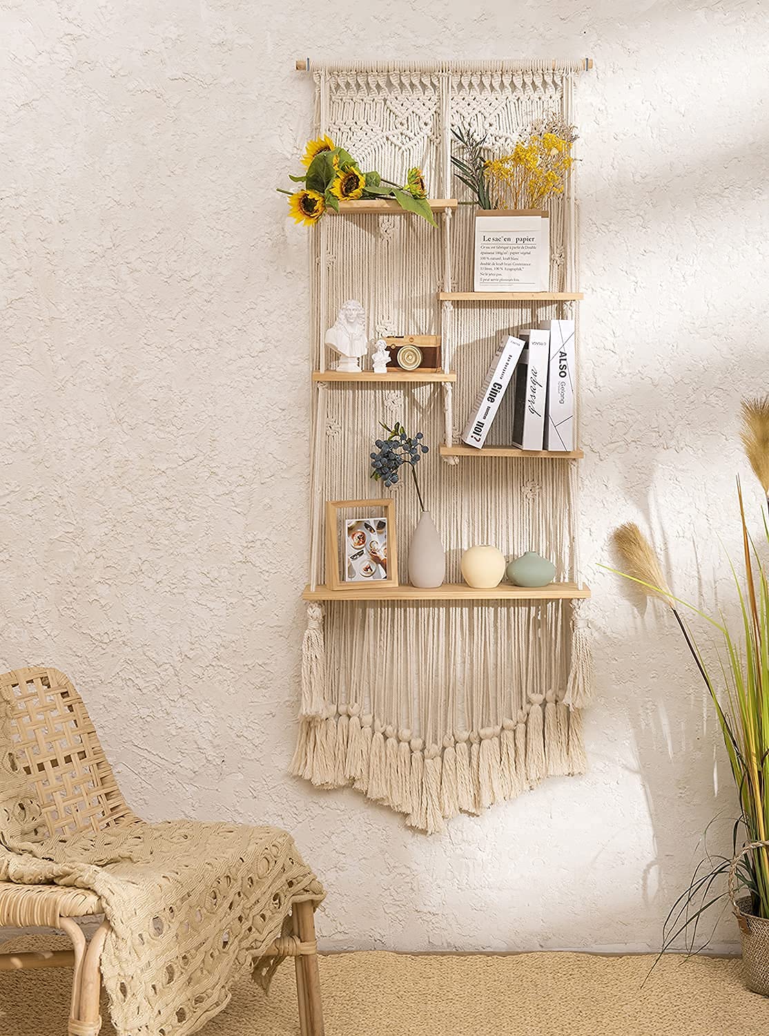Large Macrame Wall Hanging Shelf (63 in. H x 24 in. W)-5 Tier Staggered ...