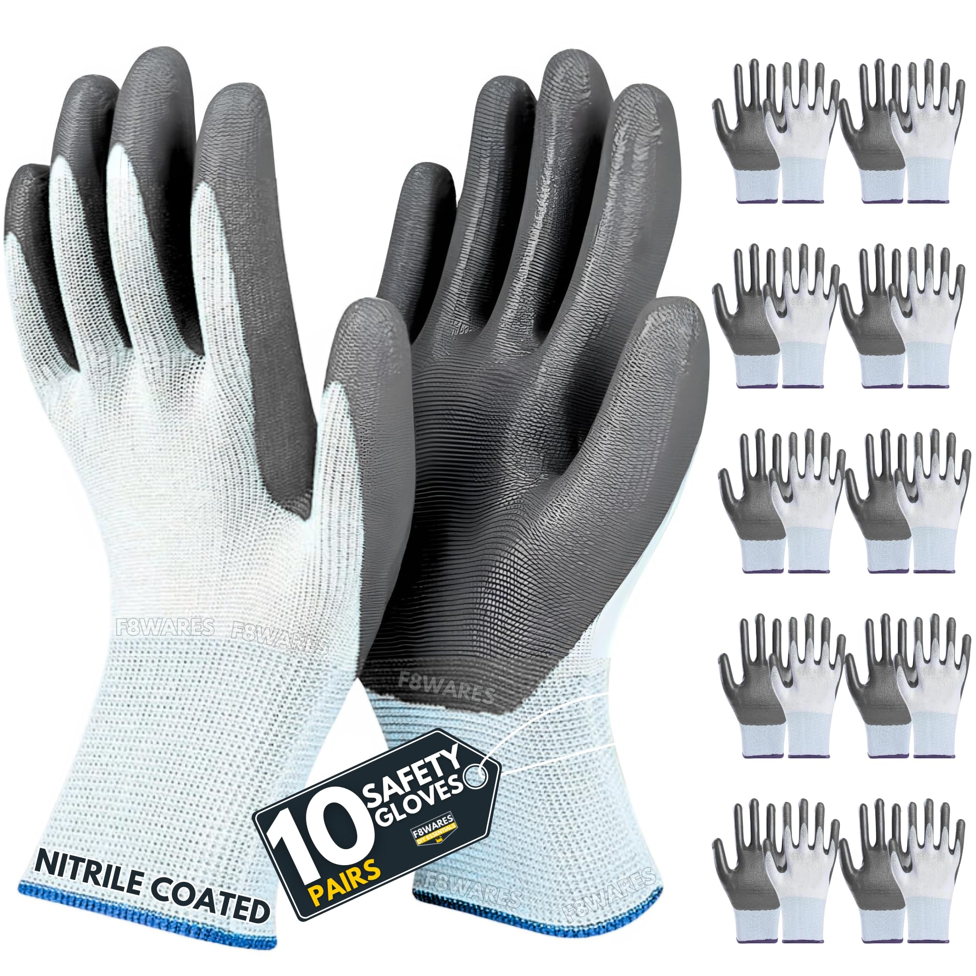 Buy F8WARES 10 Pairs Nitrile Coated Safety Gloves for Men Industrial ...