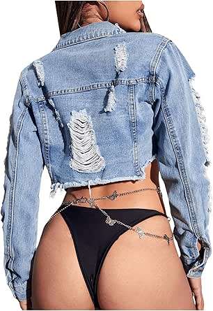 GORGLITTER Women's Ripped Raw Hem Cropped Denim Jacket Long Sleeve Distressed Frayed Jean ...