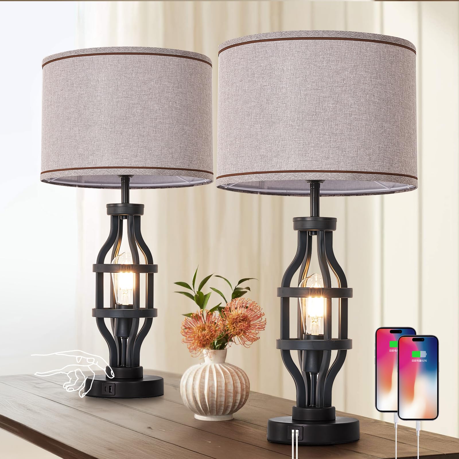 IBBIBABO Set of 2 Touch Control Table Lamps, 3-Way Dimmable Tall ...