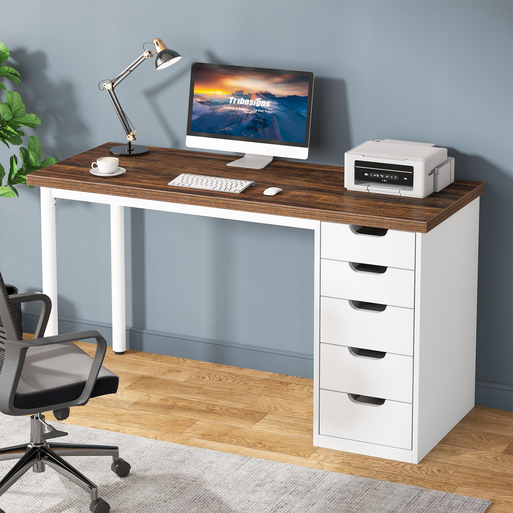 Tribesigns Computer Desk with 5 Drawers, 120cm Rustic Brown Home Office ...