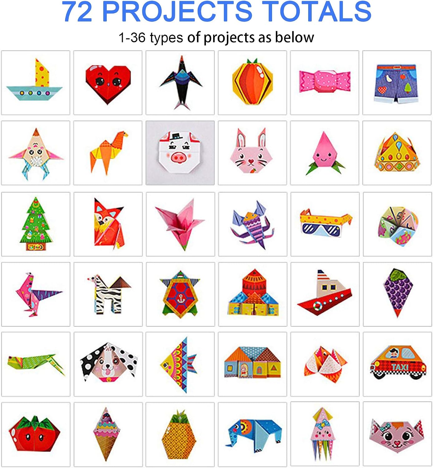 XUBX 72 Projects Colorful Origami Kit, 144 Sheets Double Sided Vivid ...