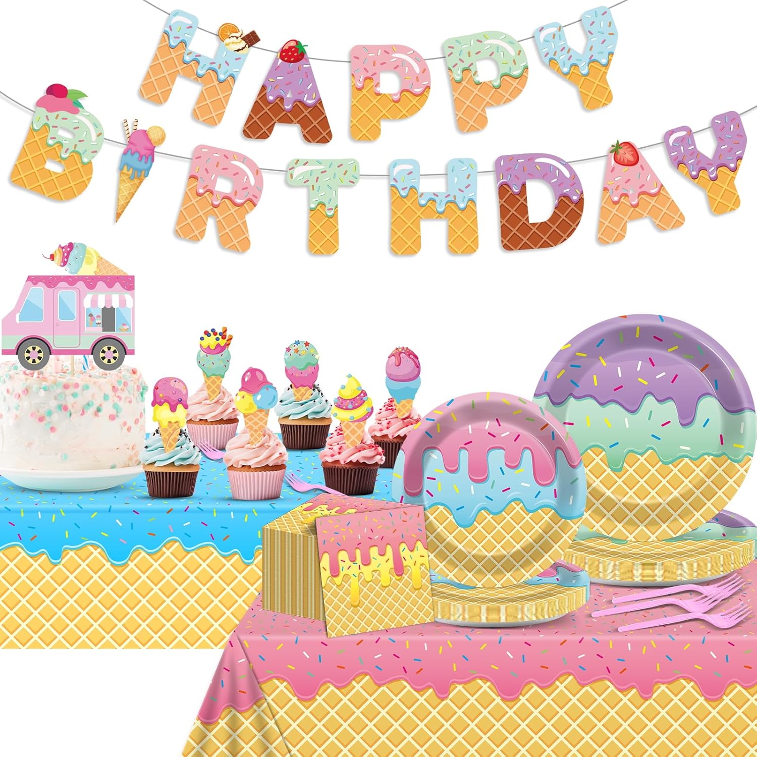 Amazon.com: Lonfliness 132Pcs Ice Cream Party Decorations Set Ice Cream ...