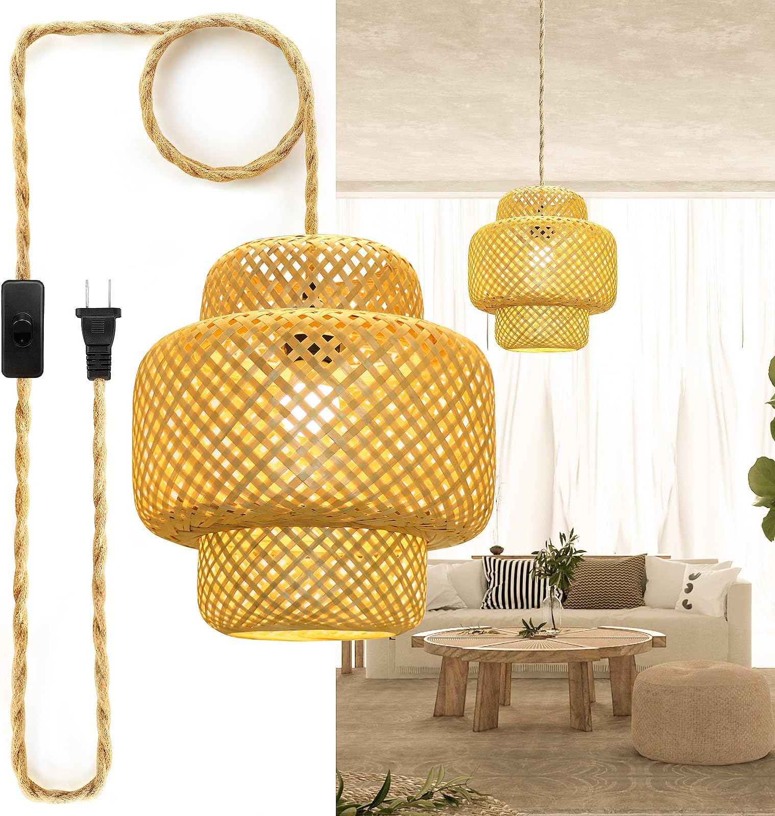 Plug in Pendant Light, Rattan Hanging Lights with Plug in Cord, Hand ...