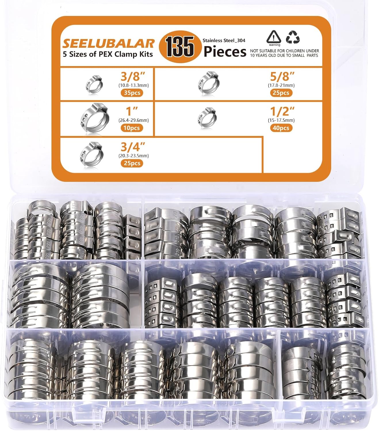 135 PCS PEX Crimp Rings Assortment,304 Stainless Steel 3/8",1/2",3/4",5 ...