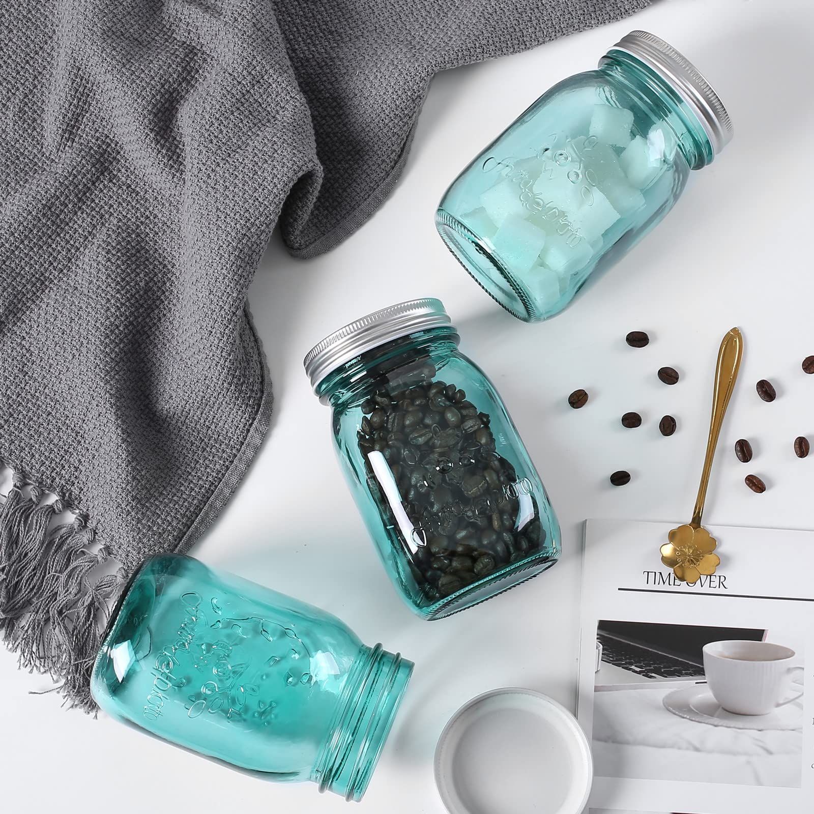 16 oz Teal Mason Jars with Lidsï¼ŒRegular Mouth Canning Jar, 6 Pack ...