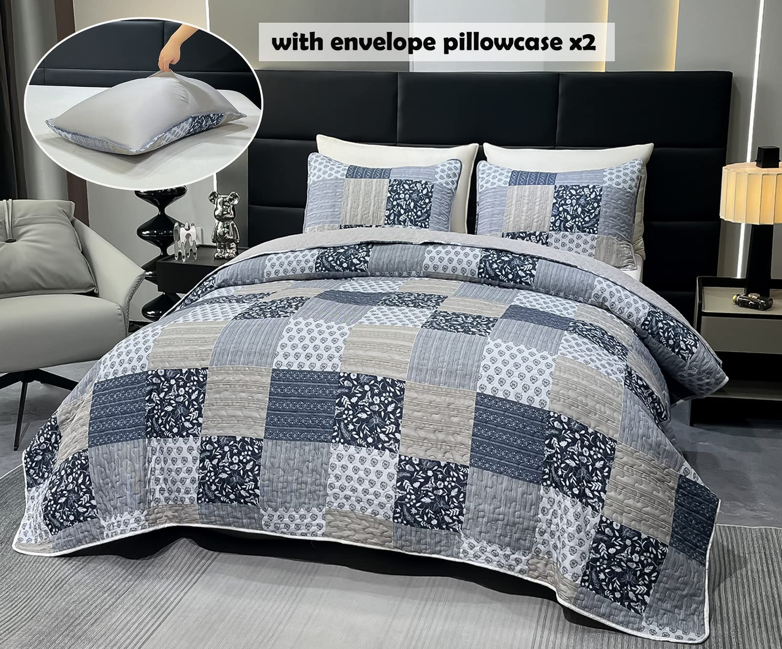 Navy Blue Gray Quilt Set King Size 3 Piece Patchwork Bedspread Coverlet ...