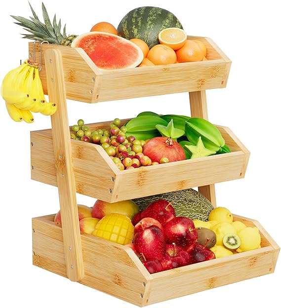 Amazon.com: Bamboo 3 Tier Fruit Basket For Counter, Large Capacity ...