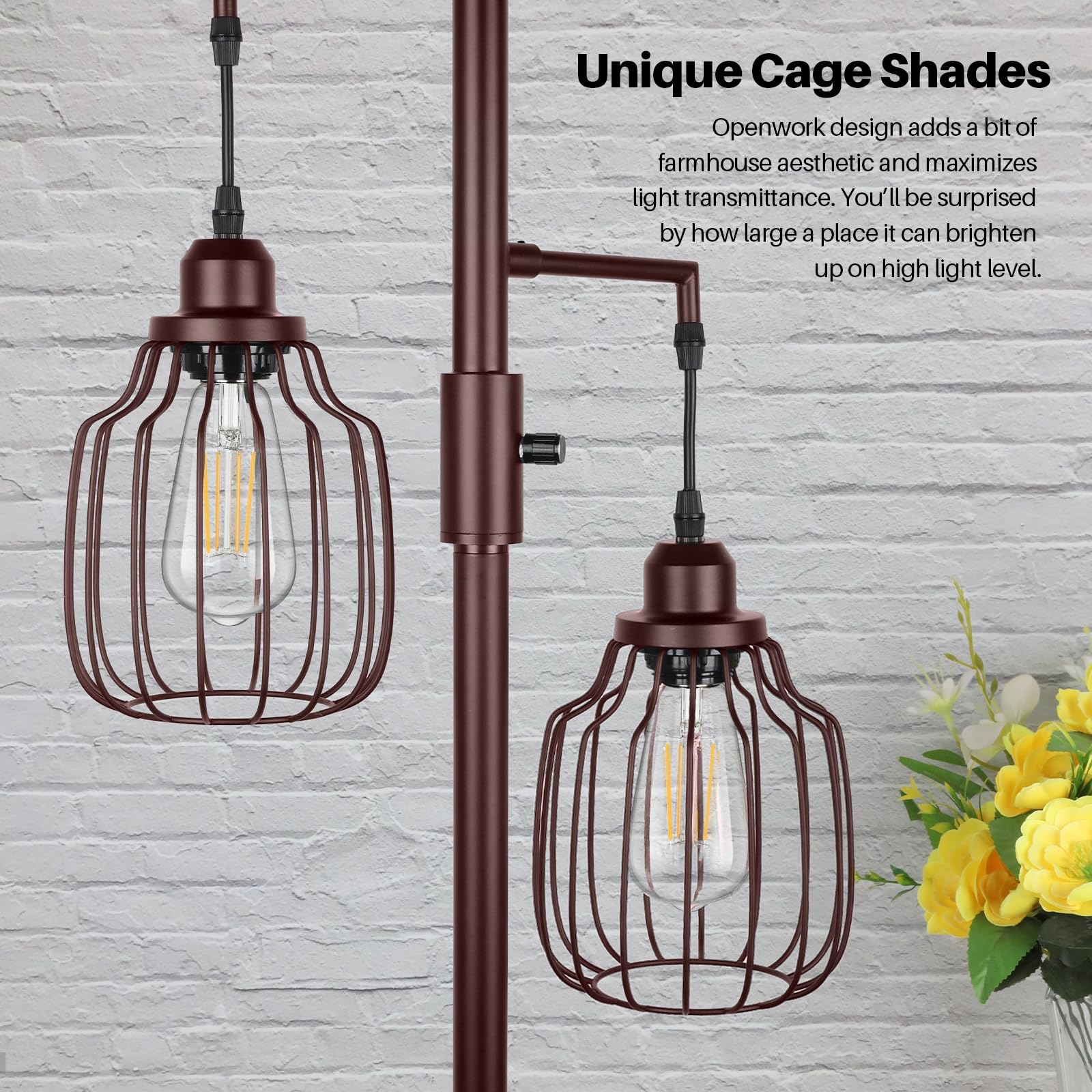 Dimmable Industrial Floor Lamp with 3 LED Edsion Bulbs, Farmhouse Tall ...