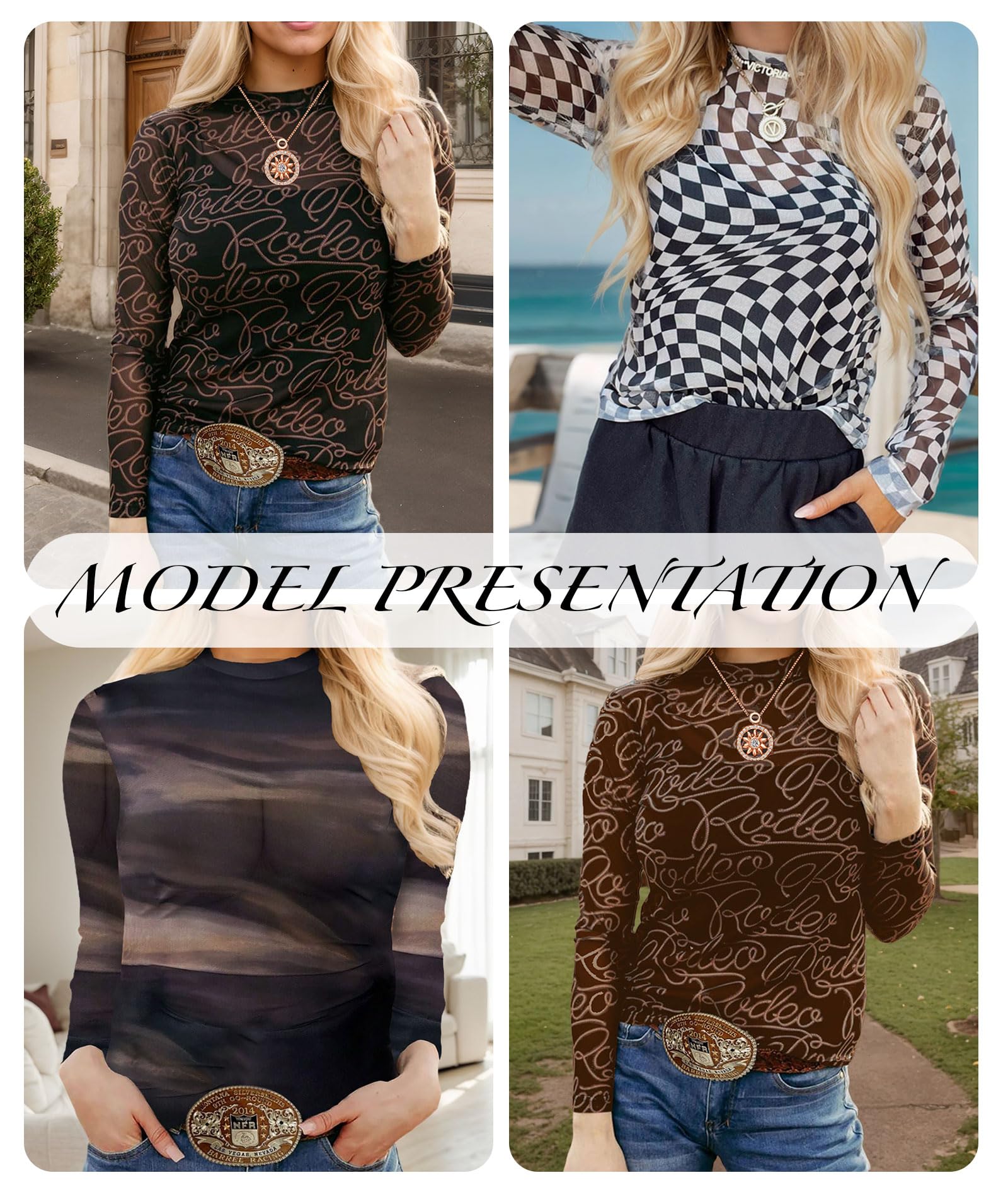 Snapklik.com : Womens Mock Neck Mesh Tops Western T Shirts Long Sleeve ...