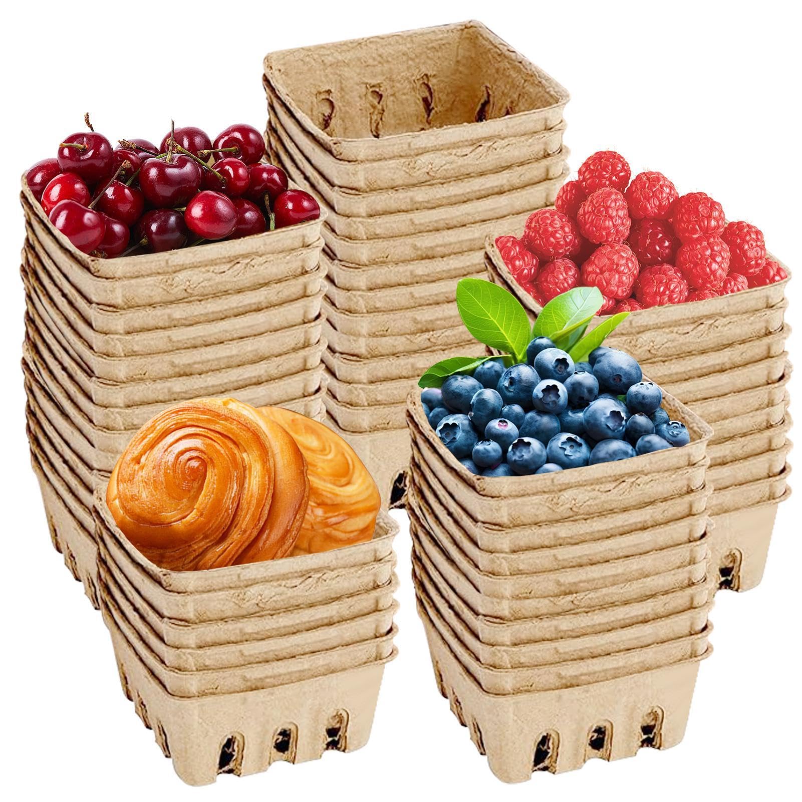 50 Pack Natural Pulp Fiber Berry Basket, Molded Berry Basket Produce ...